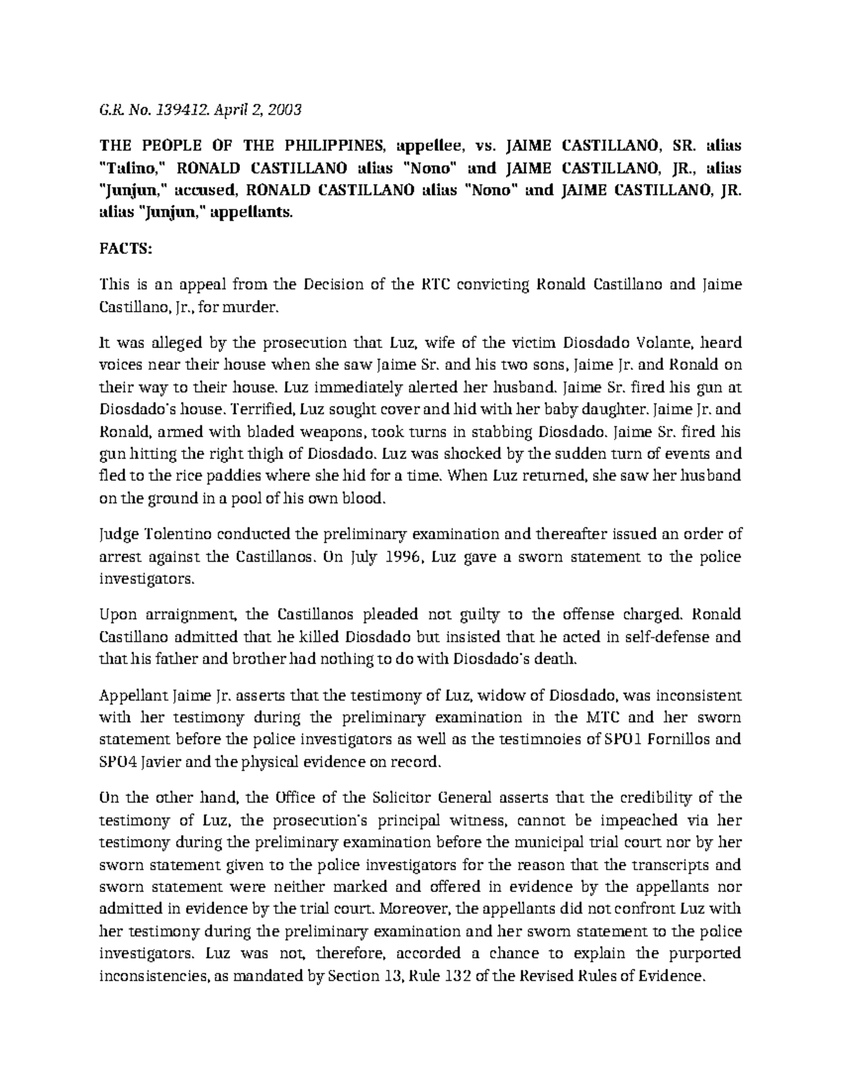 People v. Castillano - Case Digest on Credibility of Witness Testimony ...