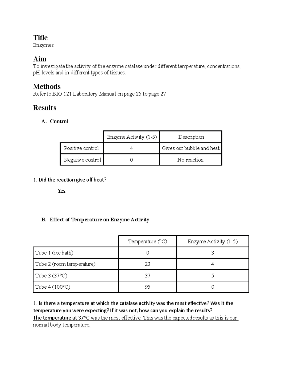 Lab 4 - Lab 4 report - Title Enzymes Aim To investigate the activity of ...