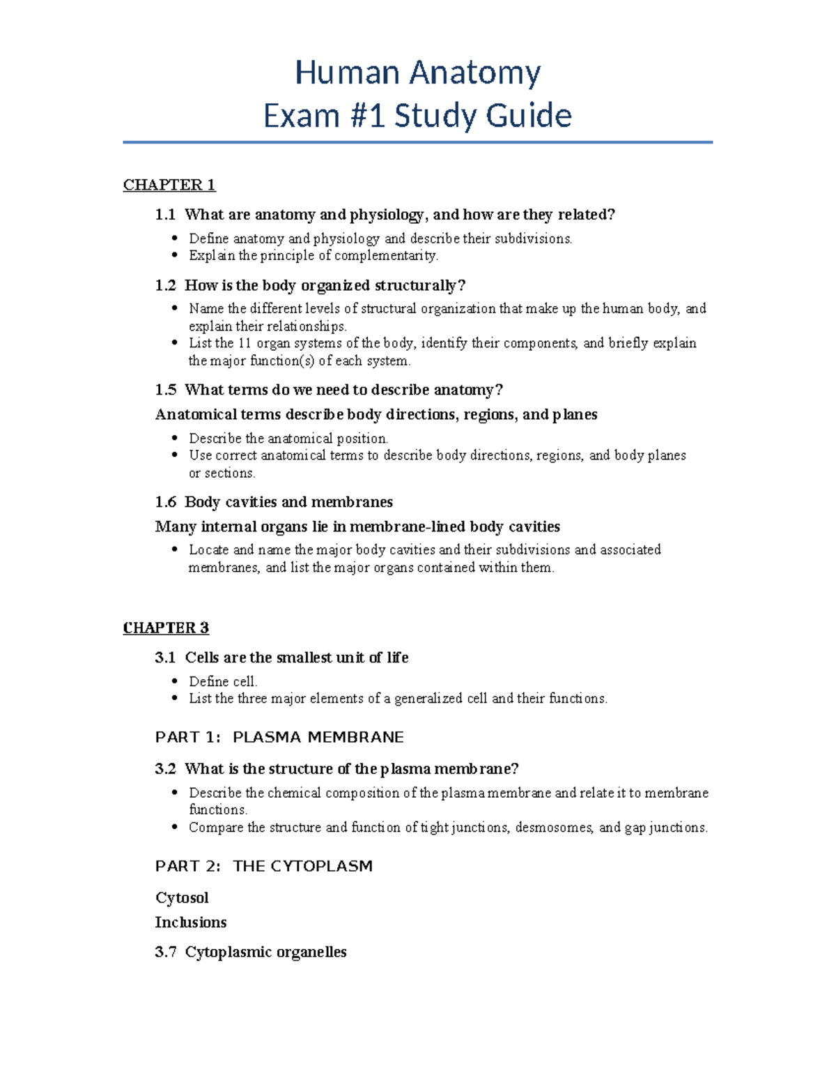 Human Anatomy Exam #1 Study Guide: Key Concepts & Structures - Studocu