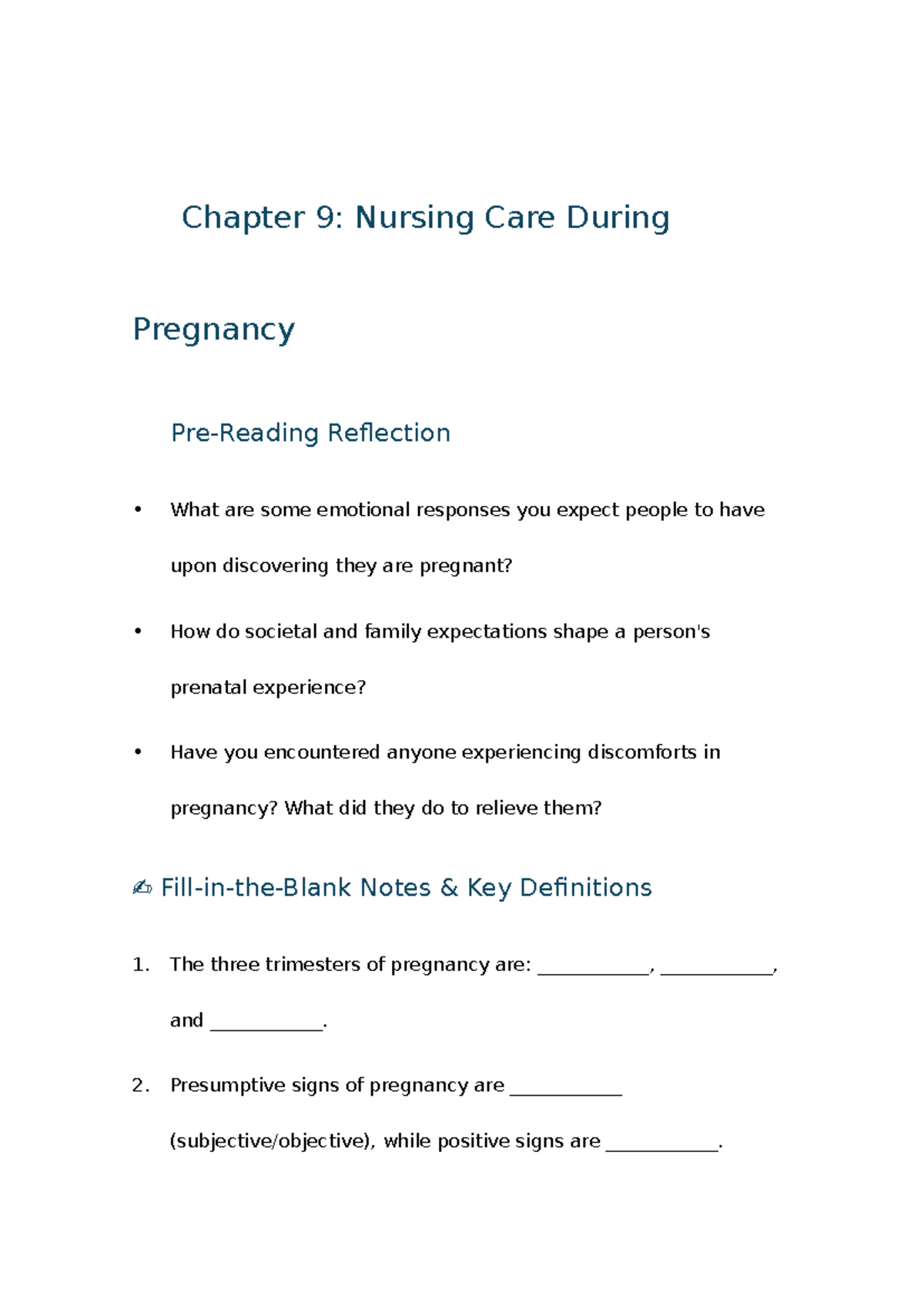 Chapter 9 & 10: Nursing Care During Pregnancy - Module 2 Notes - Studocu