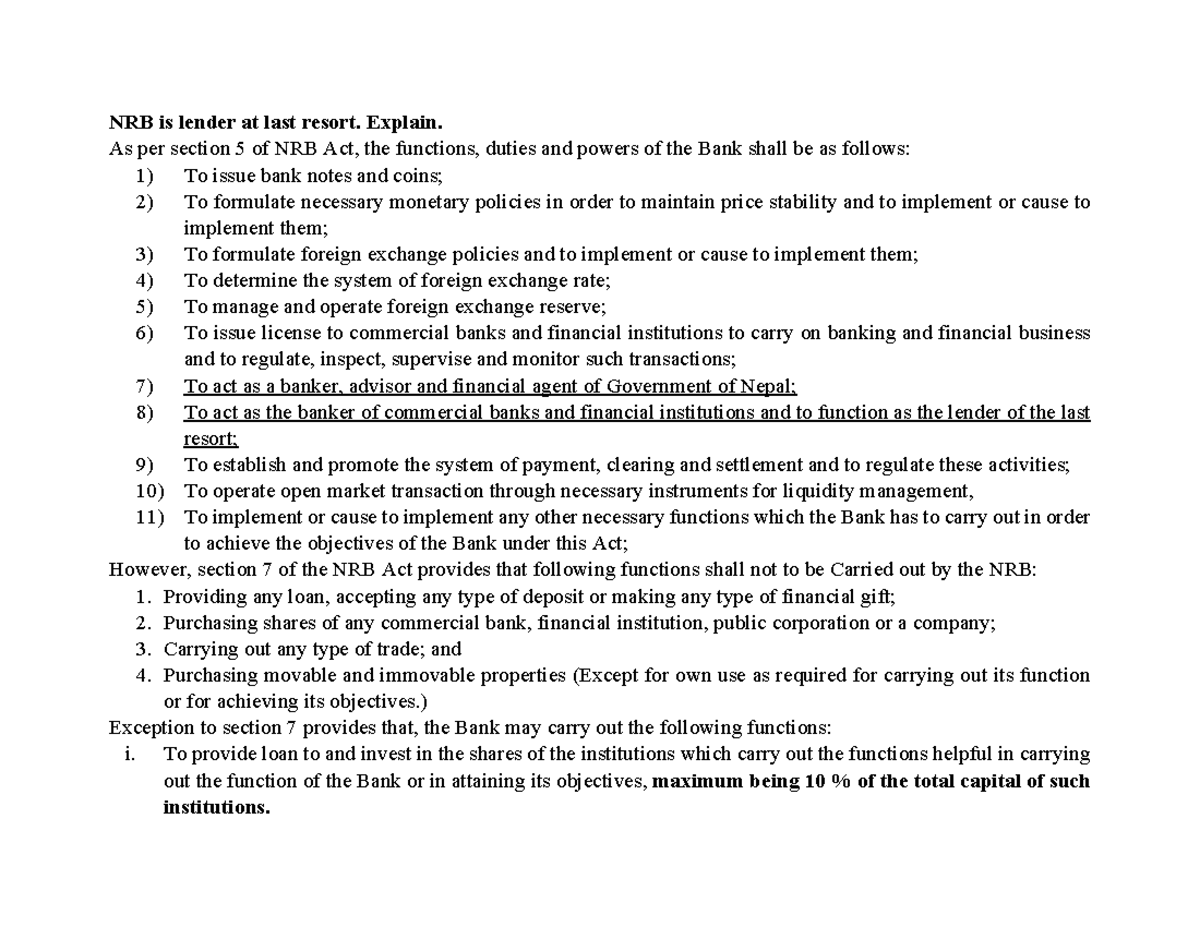 NRB is lender at last resort - Explain. As per section 5 of NRB Act ...