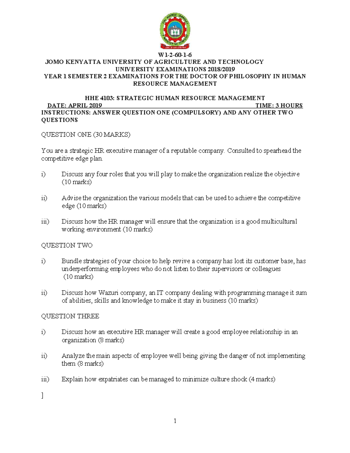 HHE 4103: Strategic HR Management Exam - April 2019 - Studocu