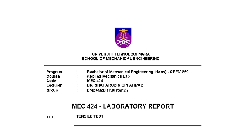 MEC 424 Laboratory Report: Tensile Test on Mild Steel - Studocu