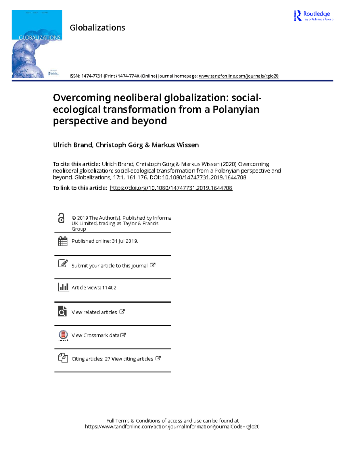 Overcoming Neoliberal Globalization: A Polanyian Perspective on Transformation - Studocu