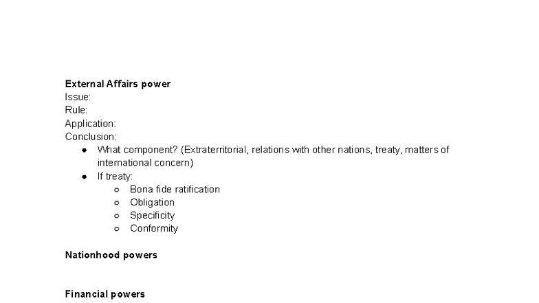 Constitutional Law Exam Notes: External Affairs & s 96 Power - Studocu