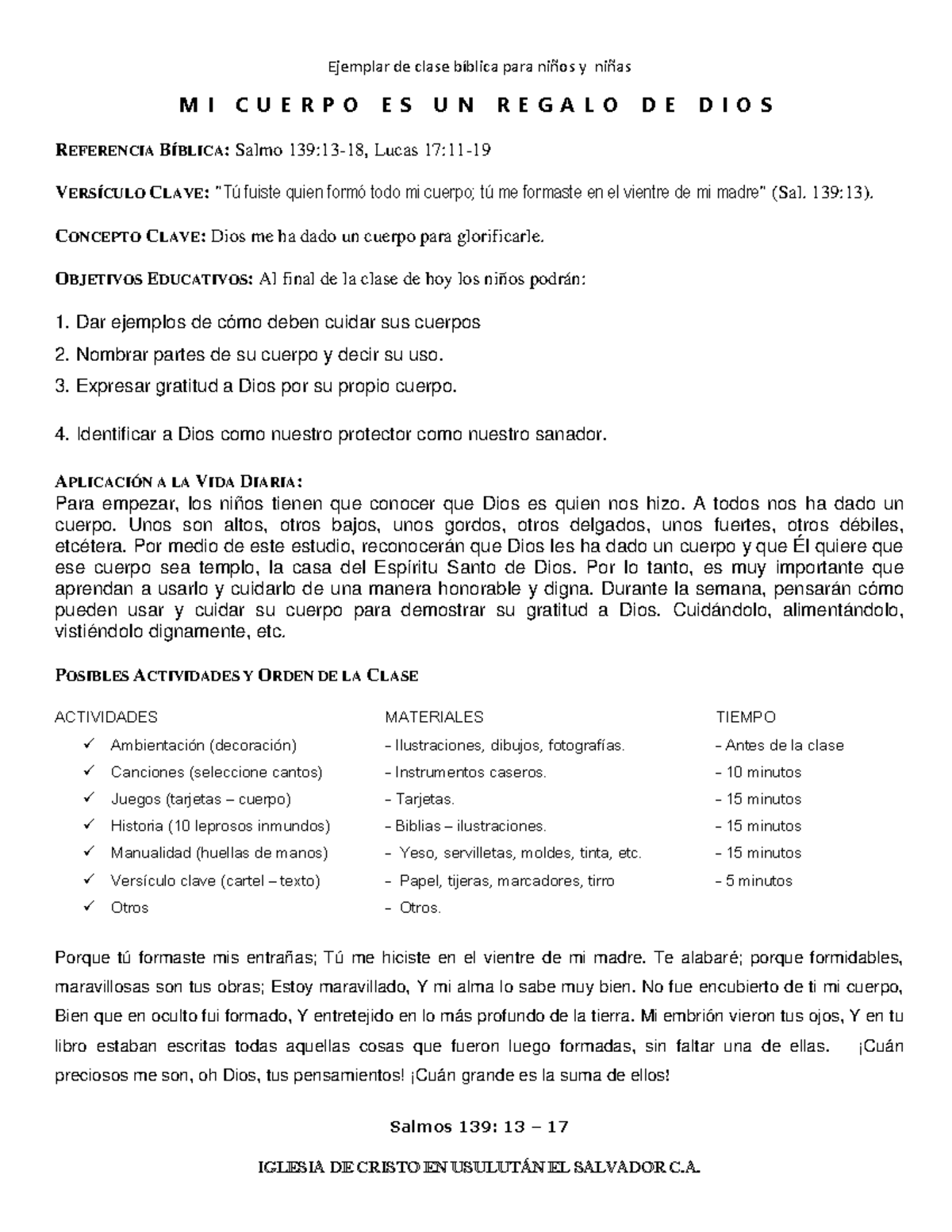 MI CUERPO ES UN REGALO DE DIOS - Clase Bíblica Infantil - Studocu