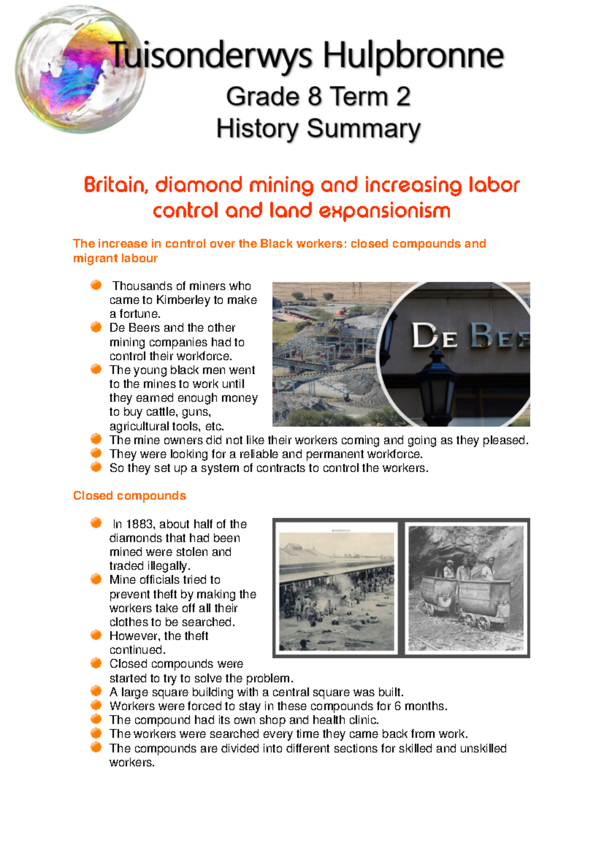 Grade 8 Term 2 History: Control Over Black Workers and Compounds - Studocu