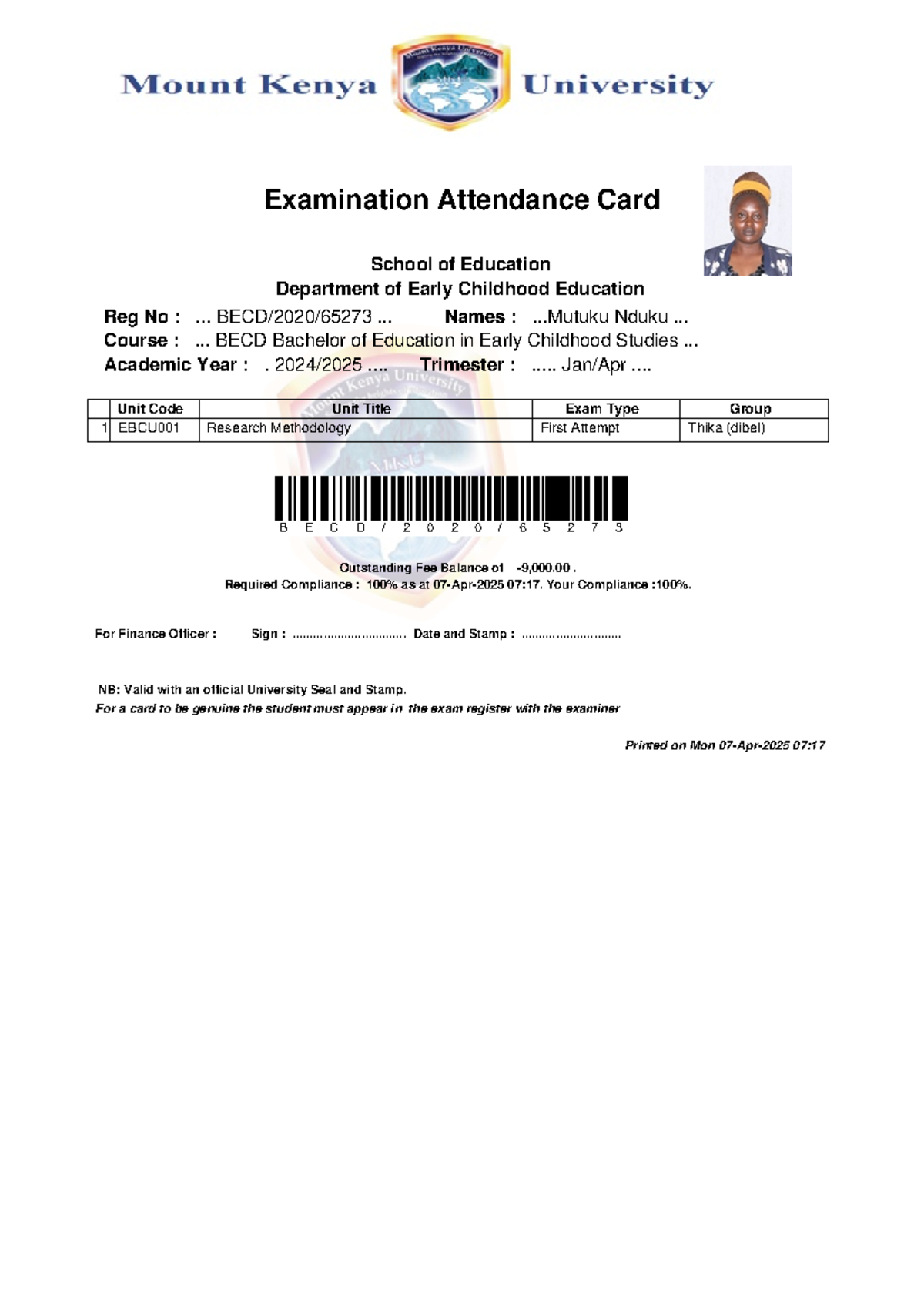 Exam Card BECD 2020 65273 2025Apr07 - Examination Attendance Card ...