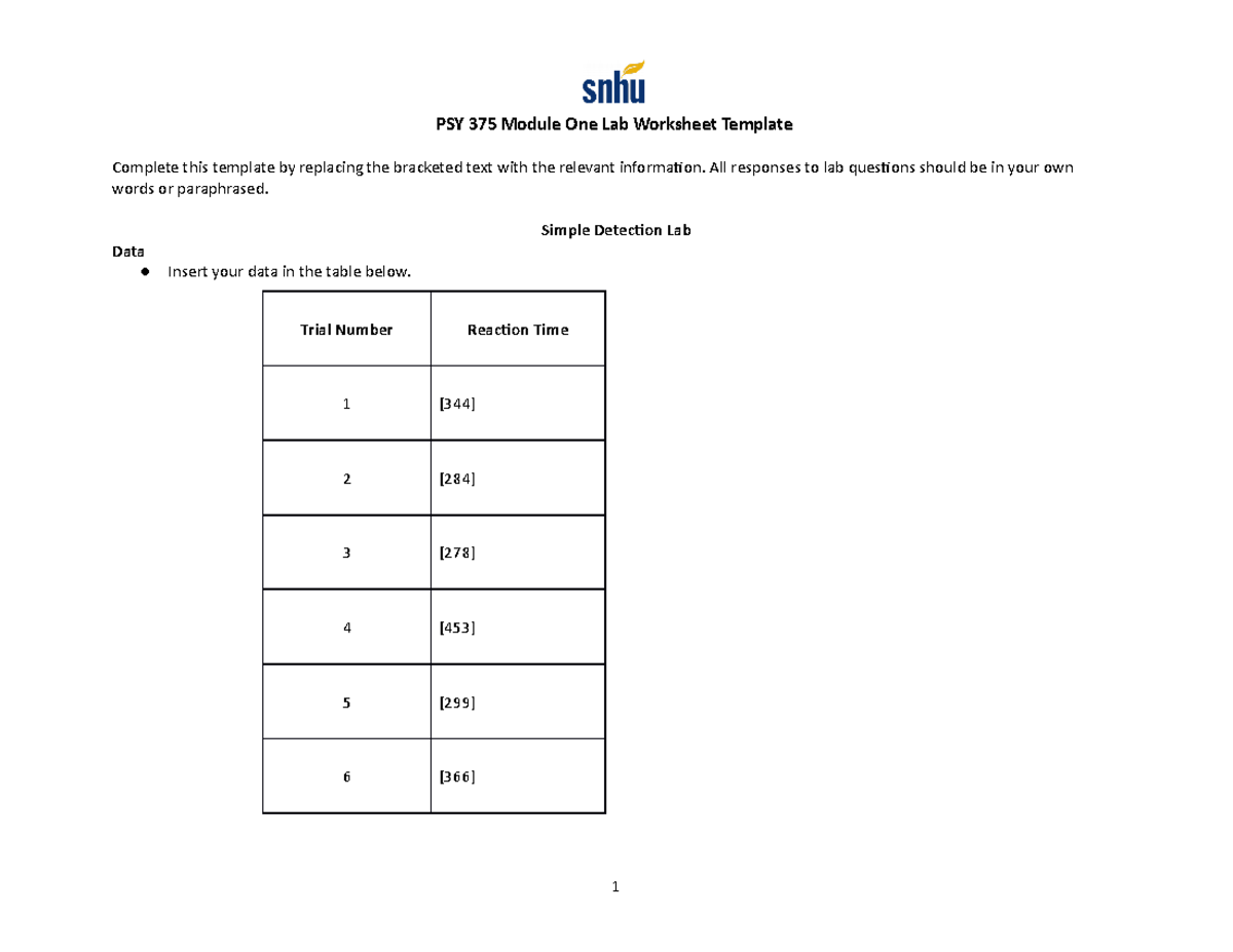 PSY 375 Module One Lab Worksheet Template - PSY 375 Module One Lab ...