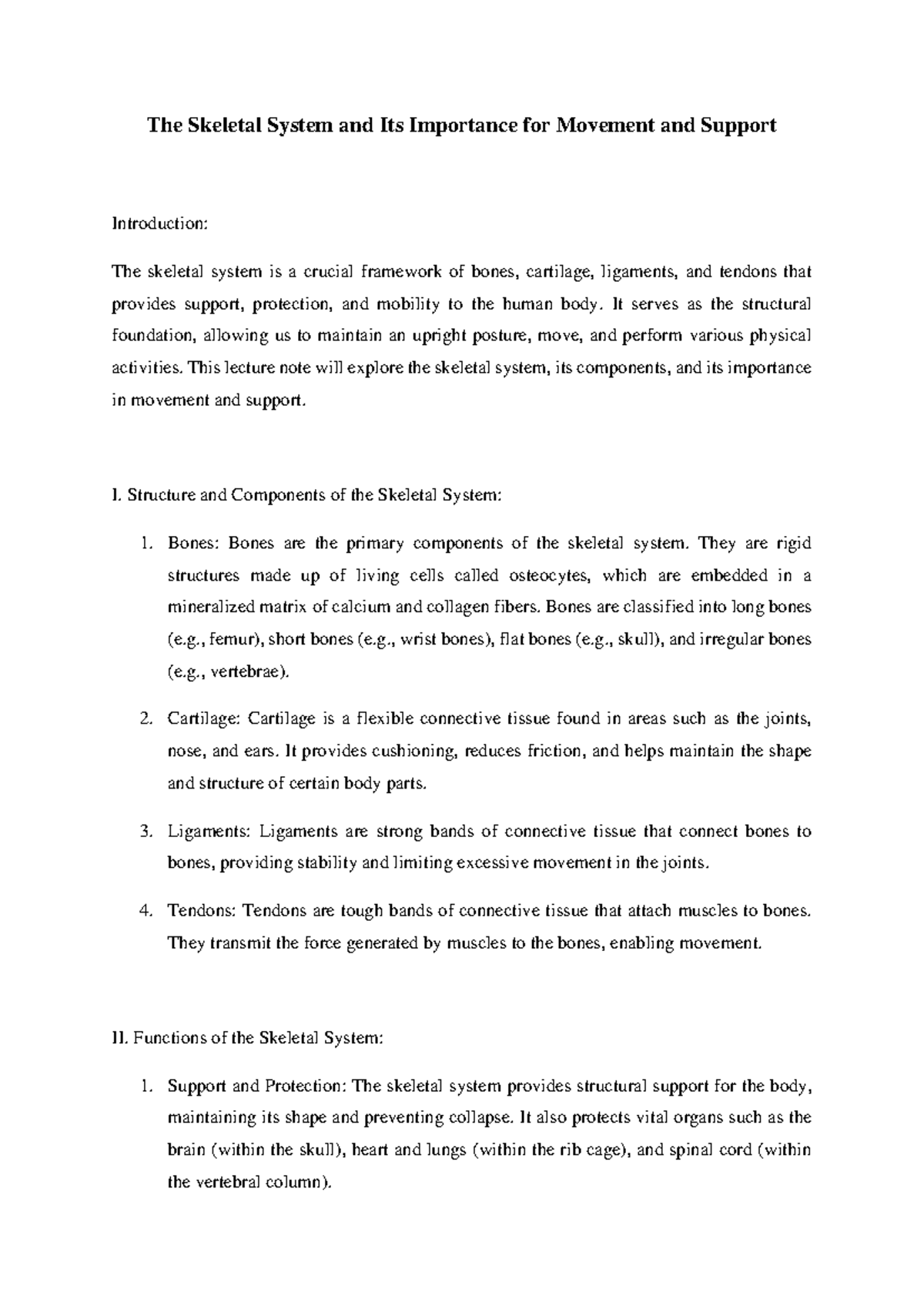 Skeletal System: Movement and Support Overview (Lecture Notes) - Studocu