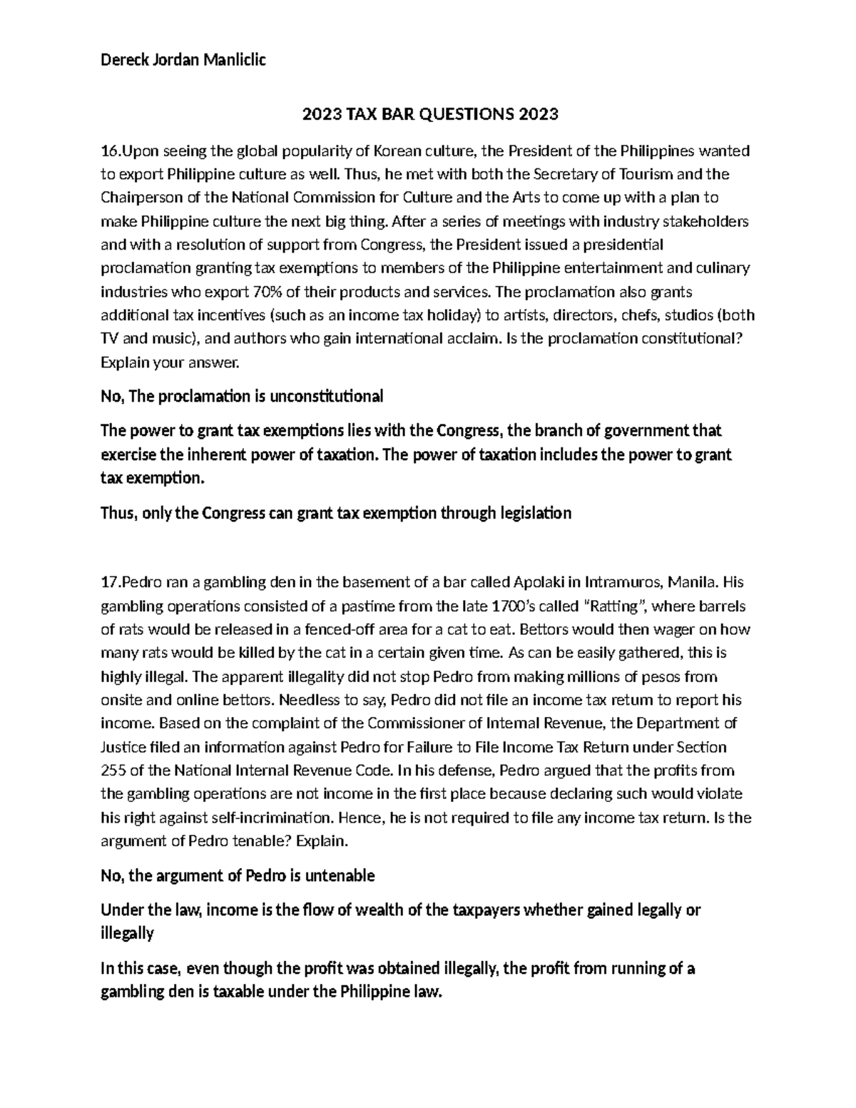 2023 TAX BAR Questions: Constitutional Issues & Tax Implications - Studocu