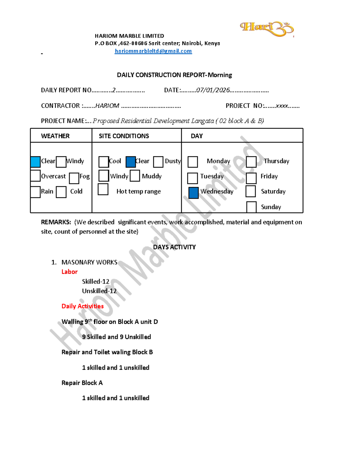 Daily Construction Report No. 2a - HARIOM MARBLE LTD - Studocu