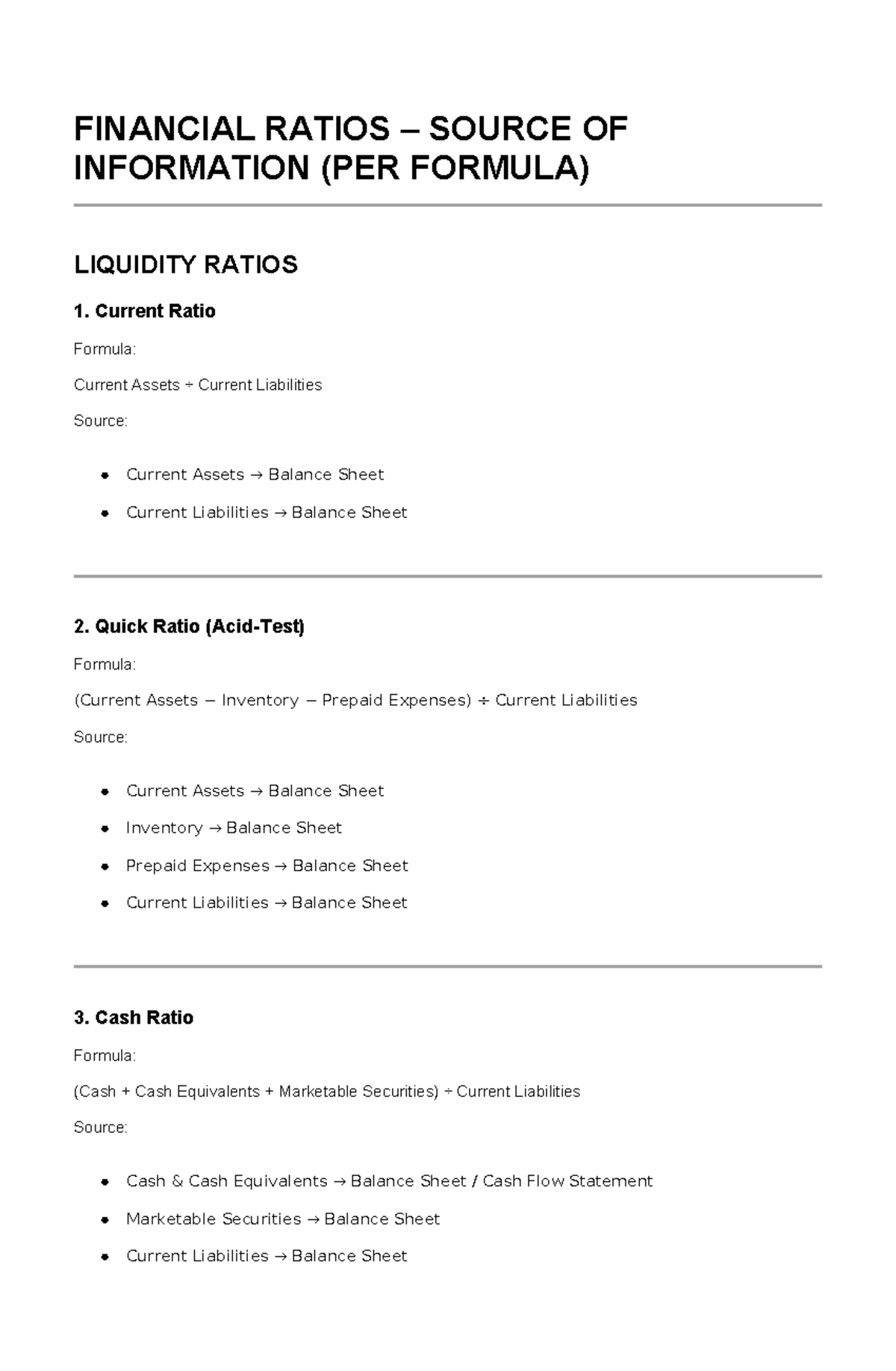FIN 101: Financial Ratios Formulas and Sources of Information - Studocu