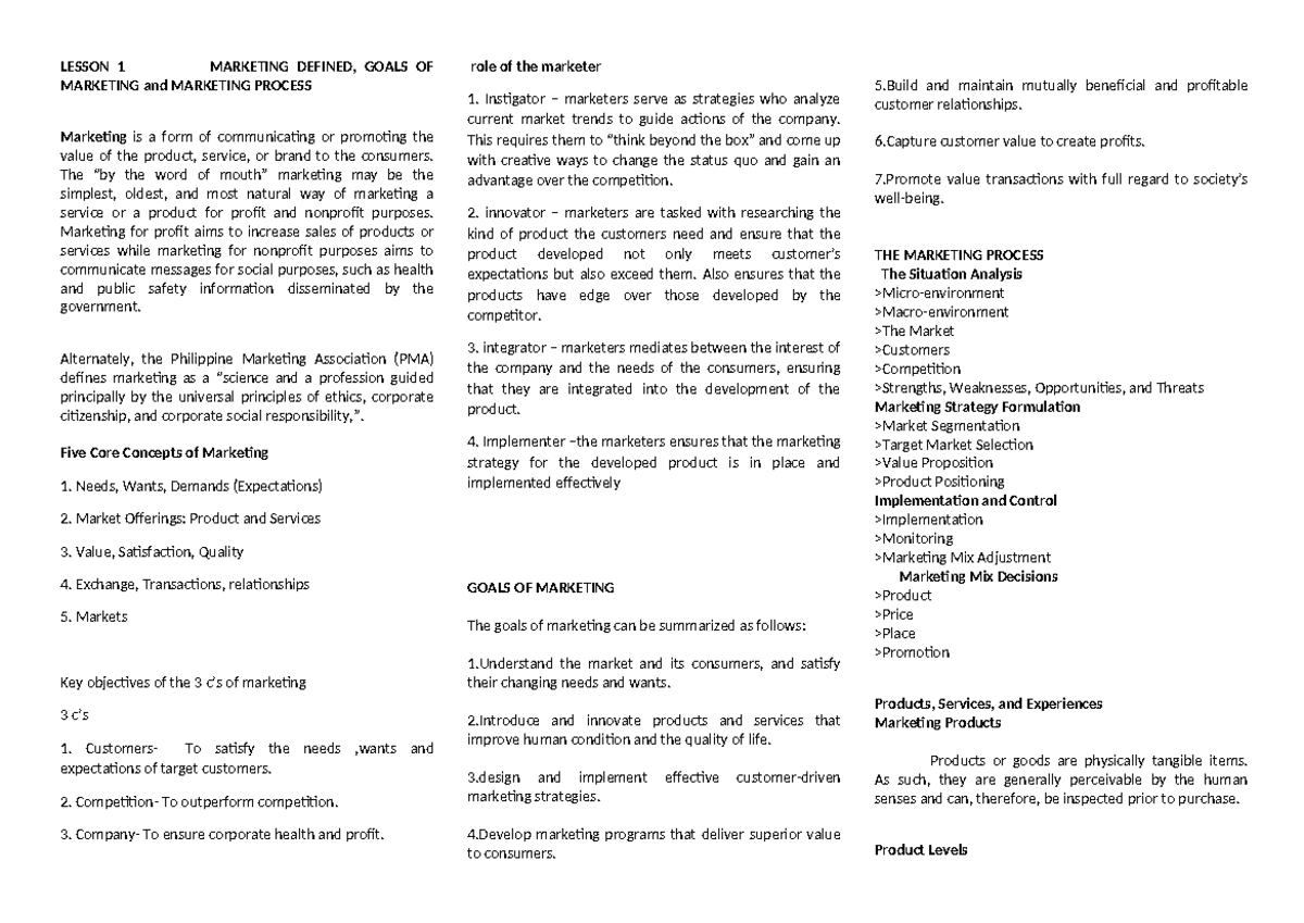 Marketing Concepts and Goals: A Comprehensive Overview (MR-101) - Studocu