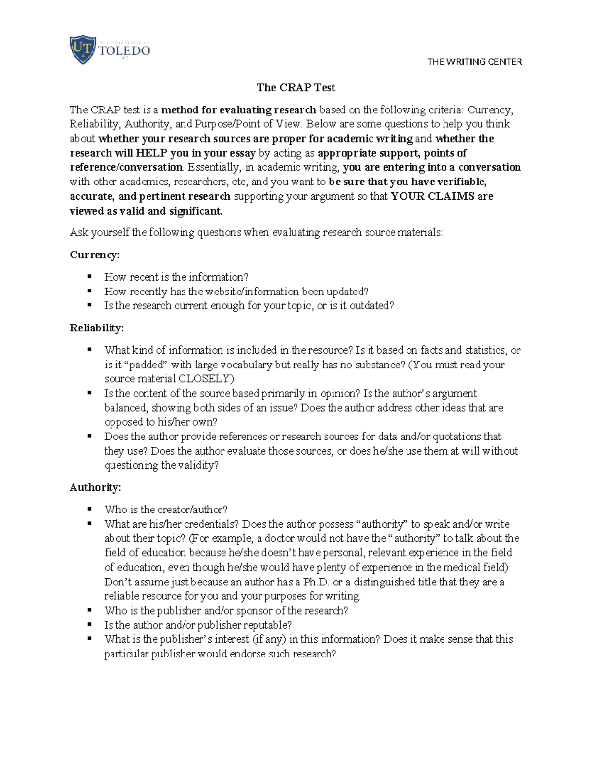 The CRAP Test: Evaluating Research for Academic Writing - Studocu