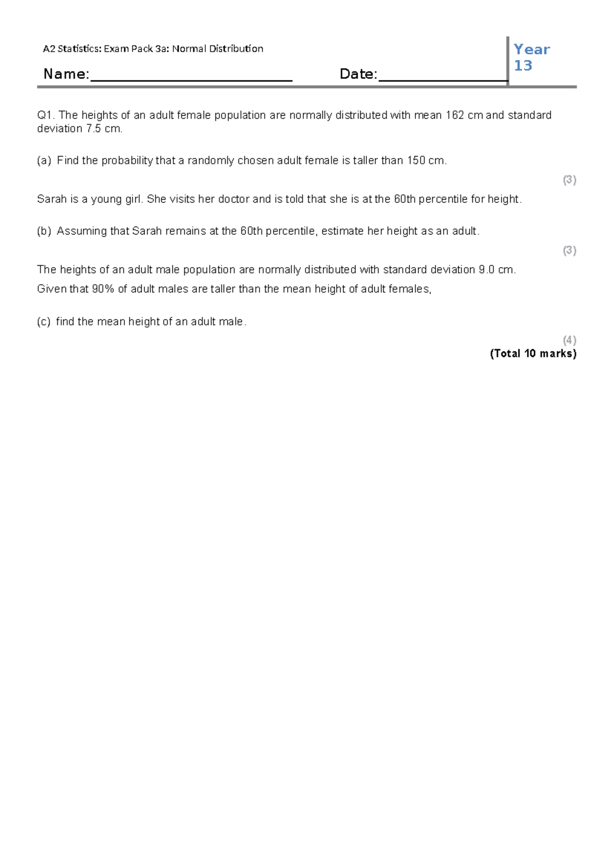 A2 Statistics: Final Exam Pack 3a - Normal Distribution Analysis - Studocu