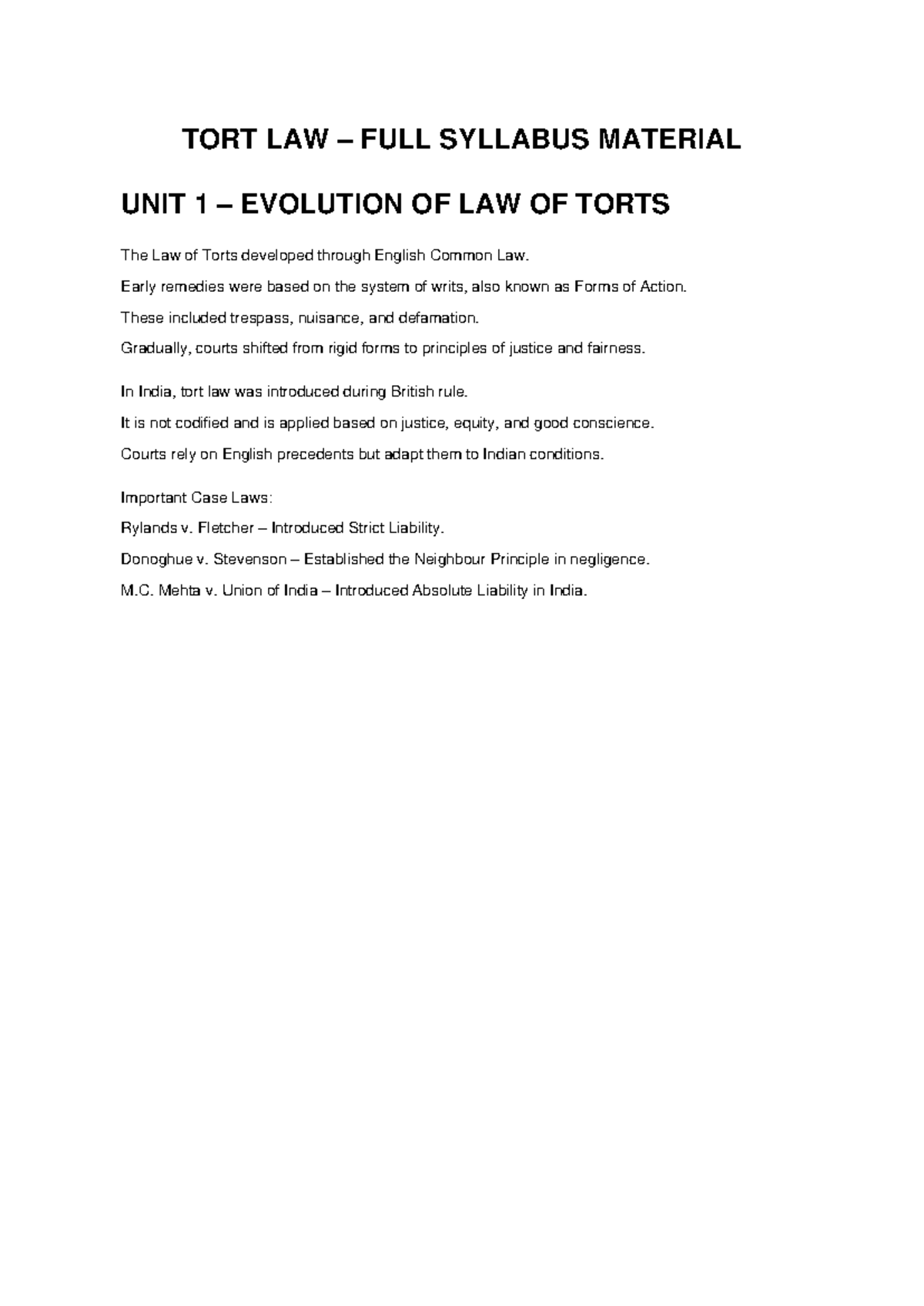 TORT LAW FULL SYLLABUS MATERIAL - UNIT 1 TO UNIT 16 OVERVIEW - Studocu