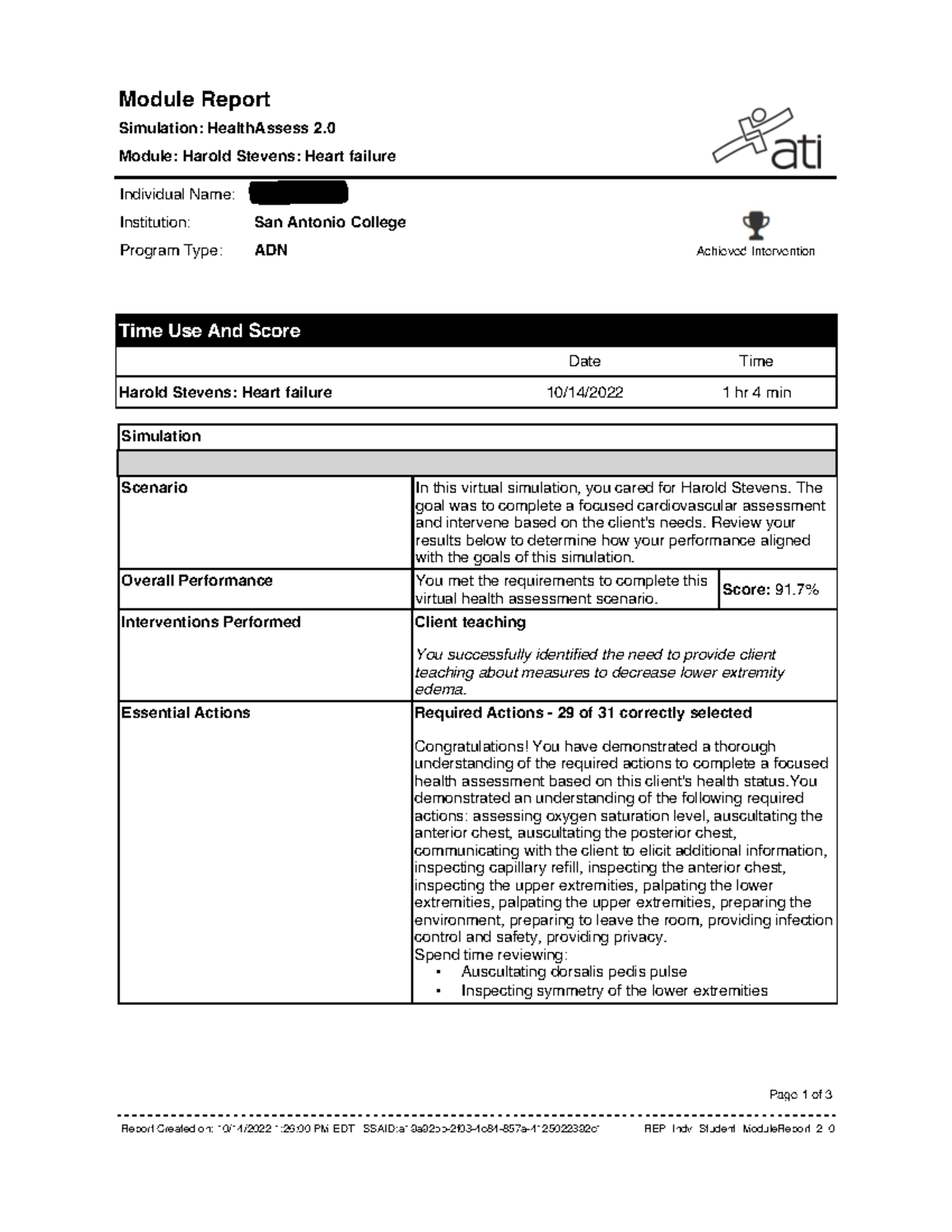 ATI Module Report: Health Assess 2 - Heart Failure Evaluation - Studocu