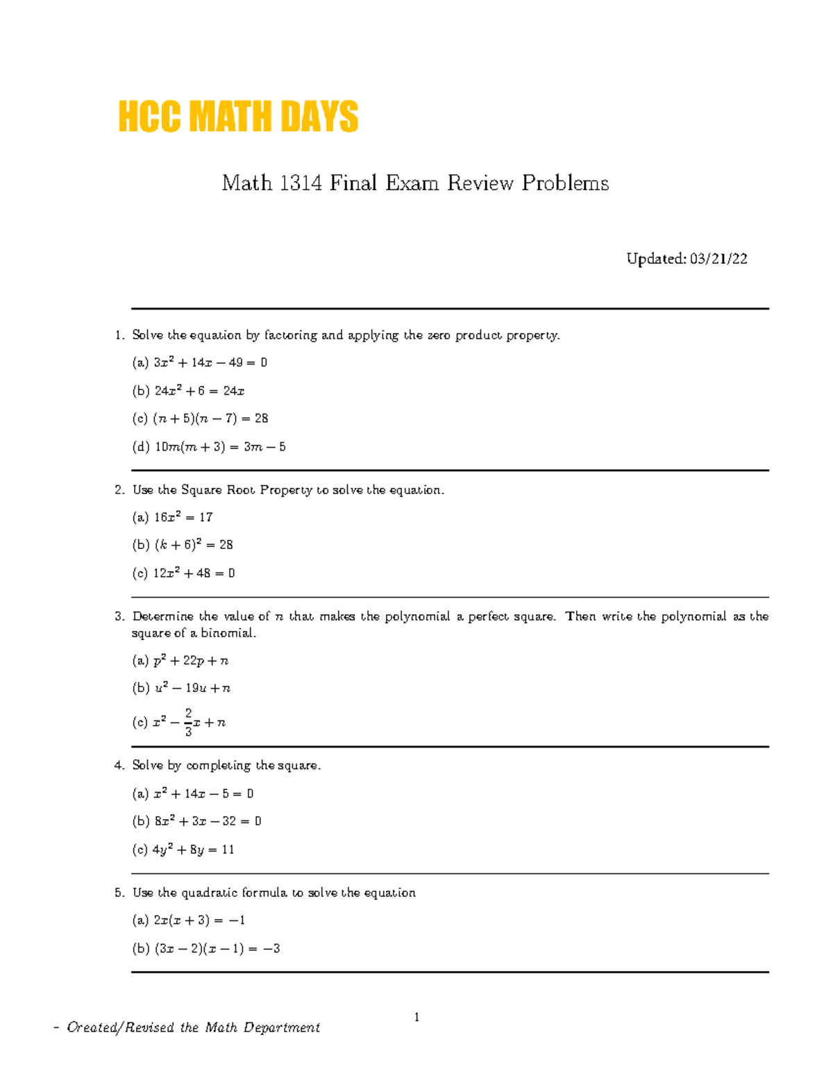 Math 1314 Final Exam Review Guide: Key Topics & Problems - Studocu