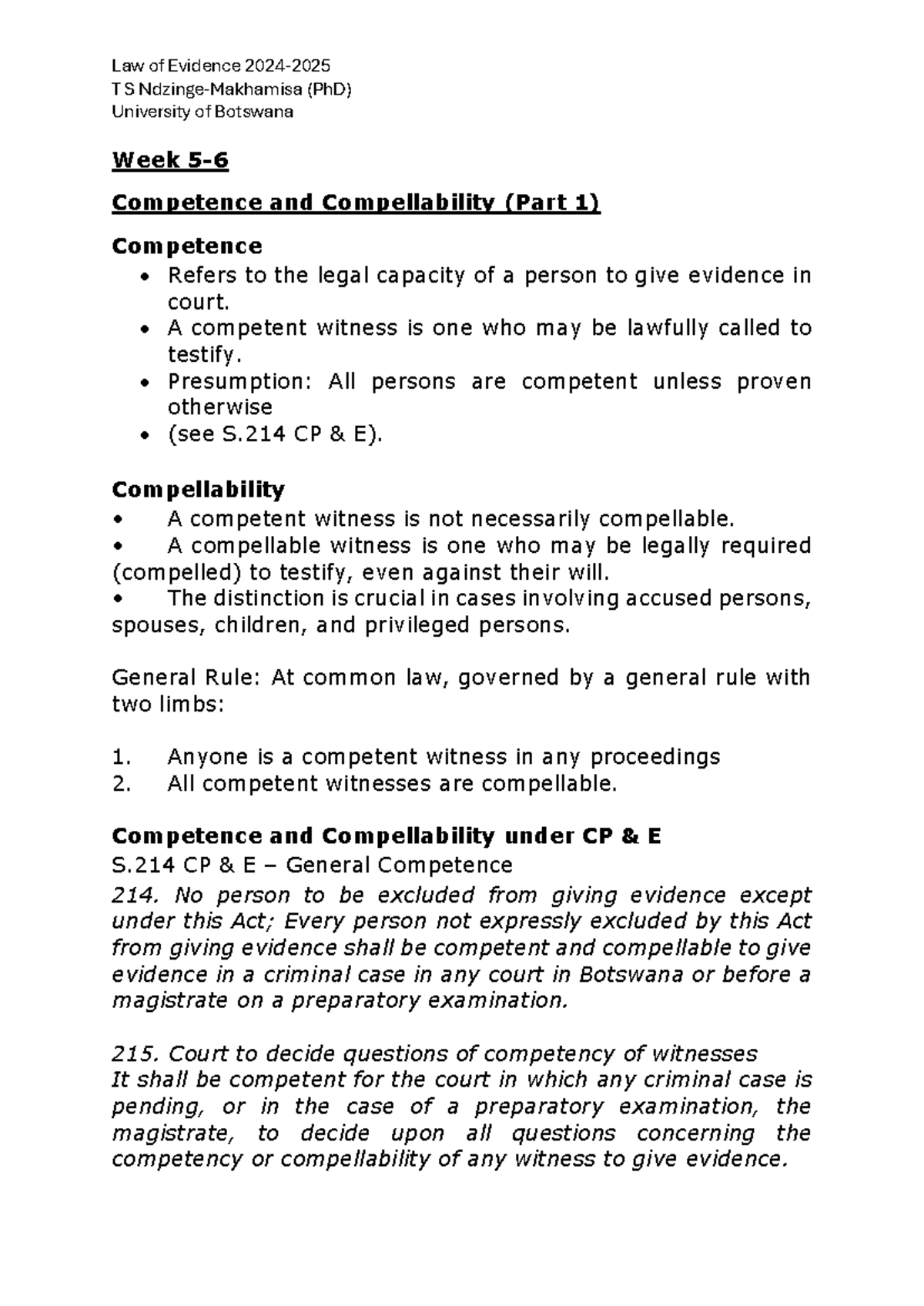 Law of Evidence T S (PhD) U Botswana Week 5-6 Notes on Competence ...
