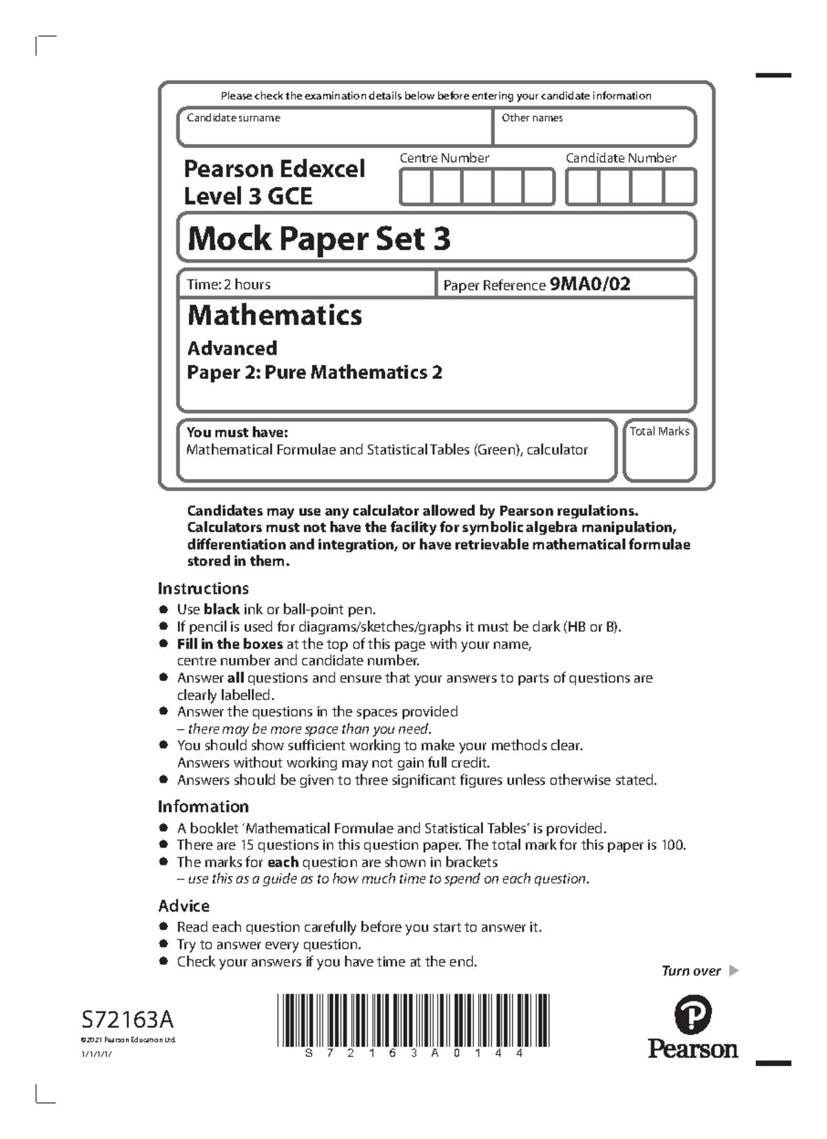 9MA0-02 Pure Maths Mock Paper 2 Set 3 - Advanced Level Practice - Studocu
