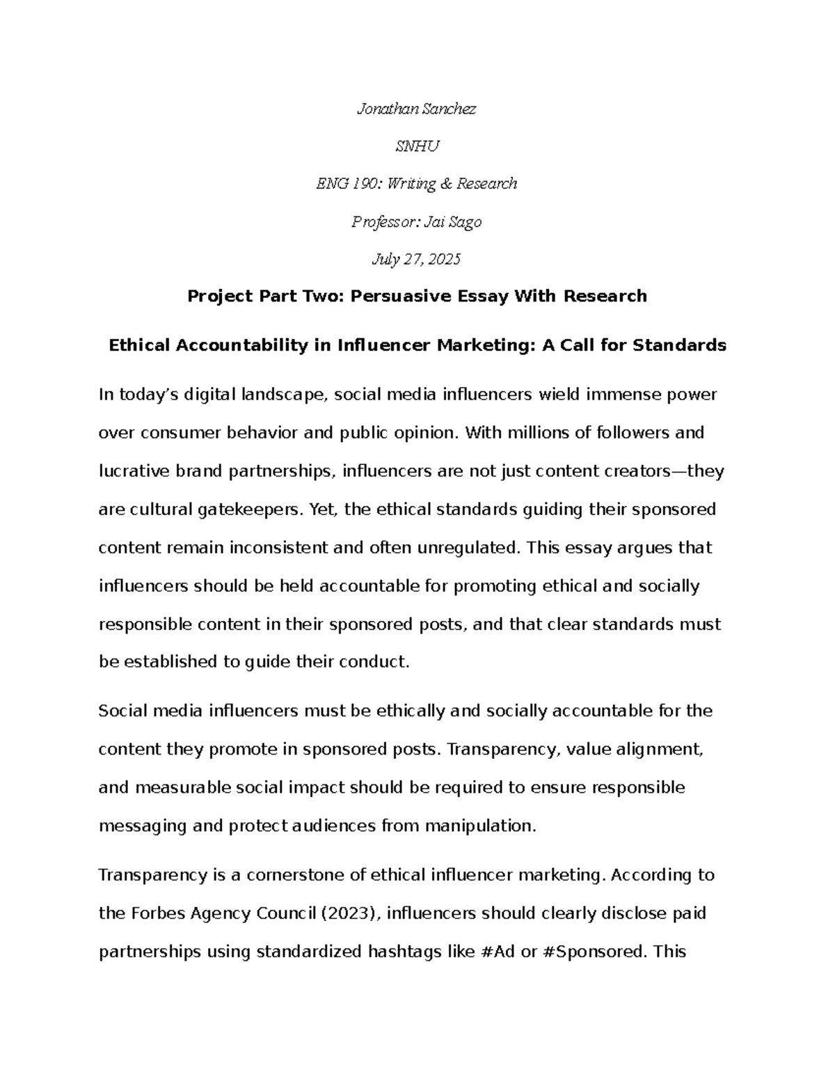 ENG 190: Final Project - Persuasive Essay on Ethical Influencer ...
