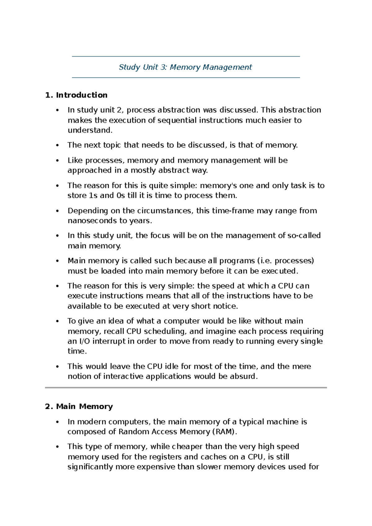 CMPG324 Study Unit 3: Memory Management Overview and Techniques - Studocu