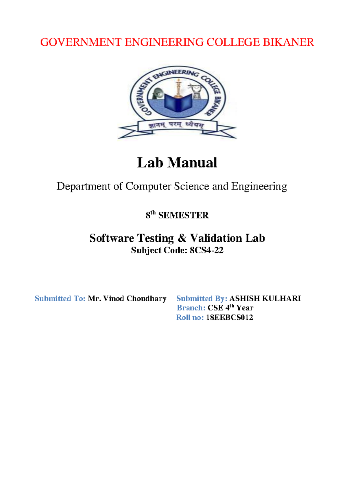 Software Testing & Validation Lab Manual (8CS4) - GEC Bikaner - Studocu