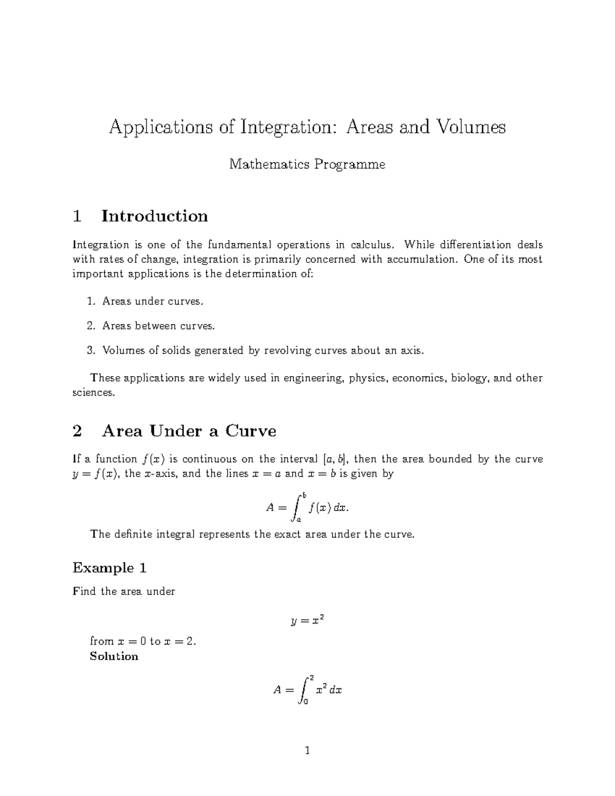 Applications of Integration: Areas & Volumes in Math Prog 1 - Studocu