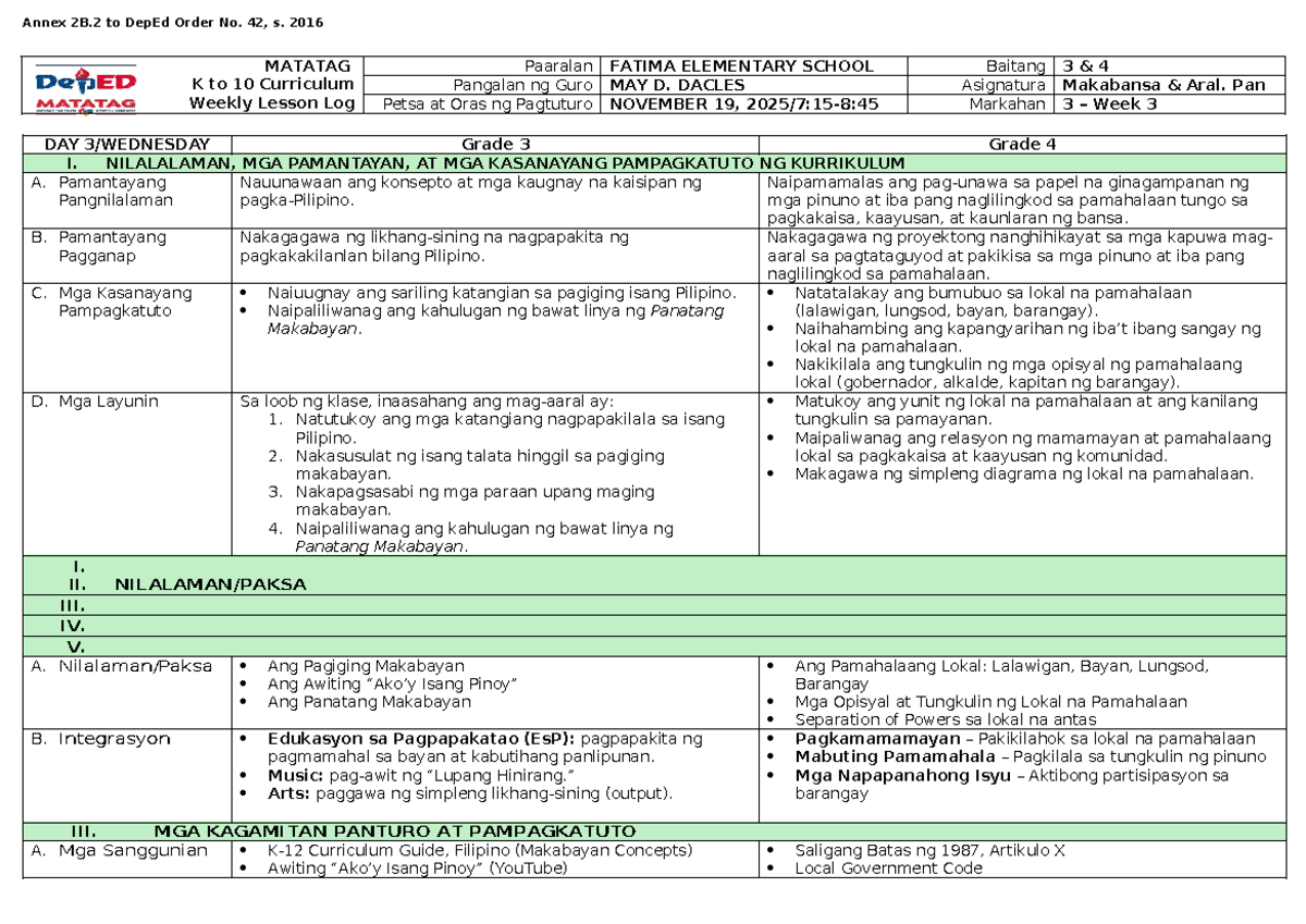 Week 3 Lesson Log: Makabansa & Aral Pan for Grade 3-4 (DepEd Order No ...