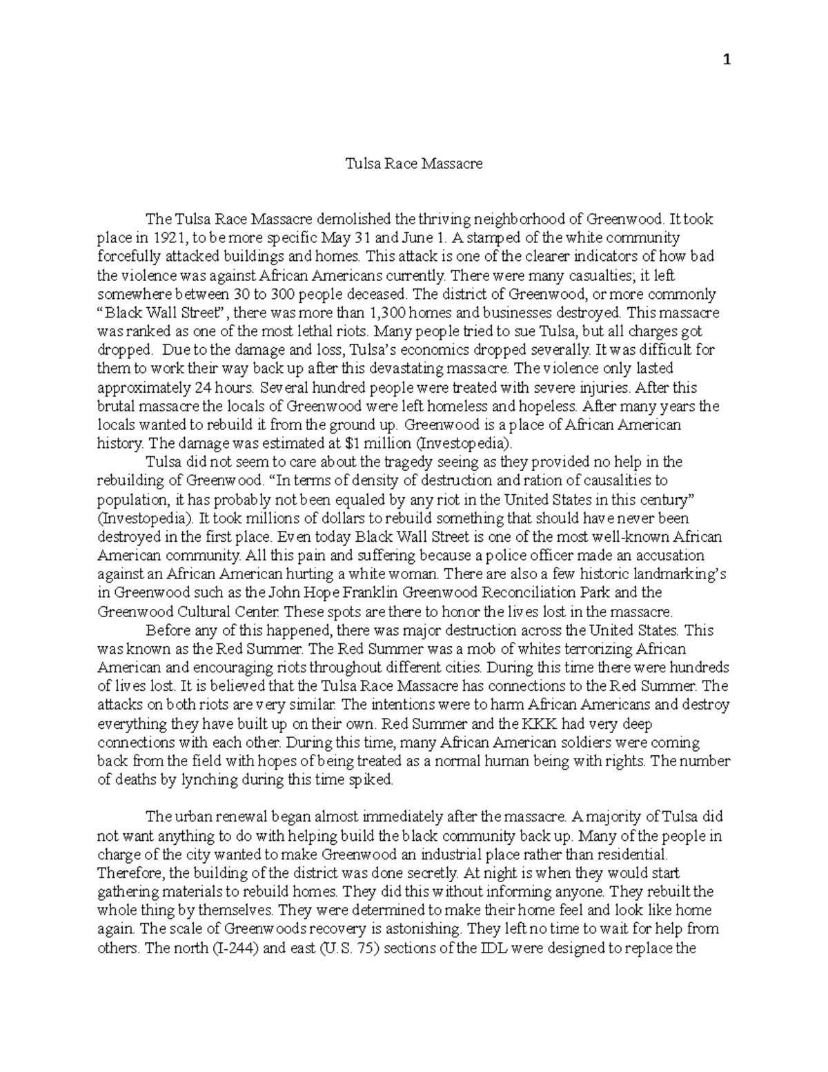 Project 1 - Essay on the Tulsa Race Massacre: History & Impact - Studocu