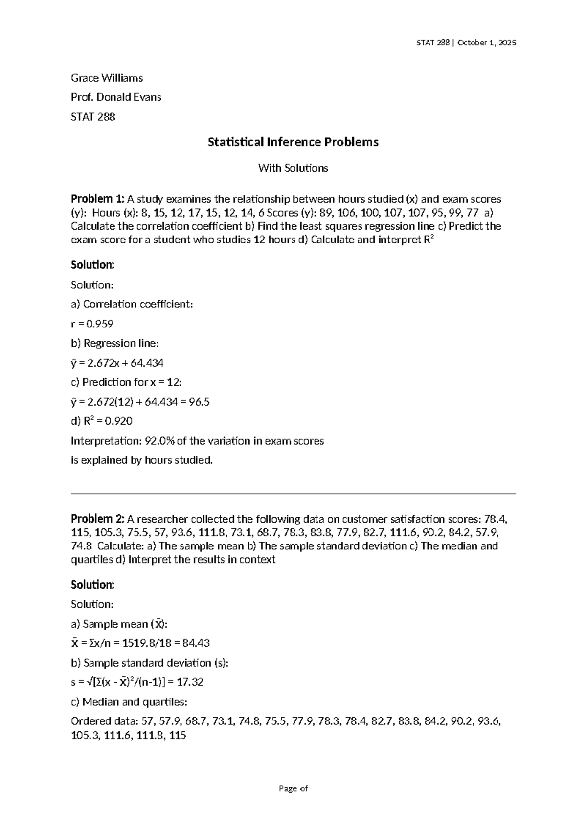 STAT 288 Statistical Inference Problems & Solutions - Studocu