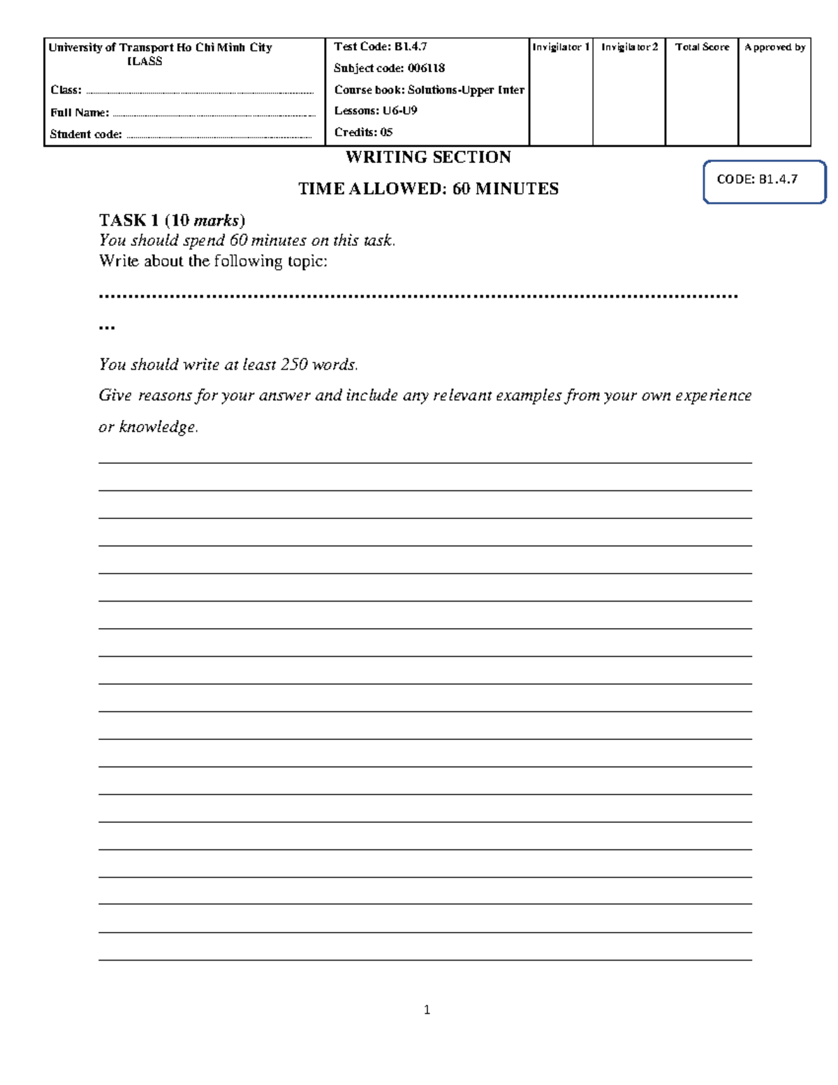 B1.4 Writing TEST Format - 1 WRITING SECTION TIME ALLOWED: 60 MINUTES ...
