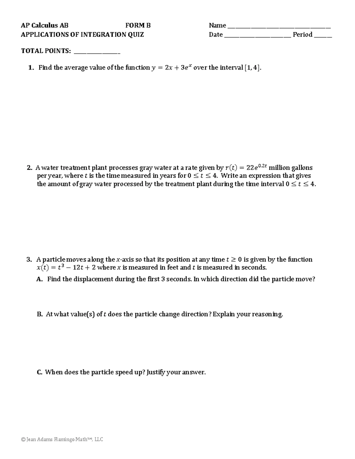 AP Calculus Applications of Integration Test FORM A (Test 8A) - Studocu