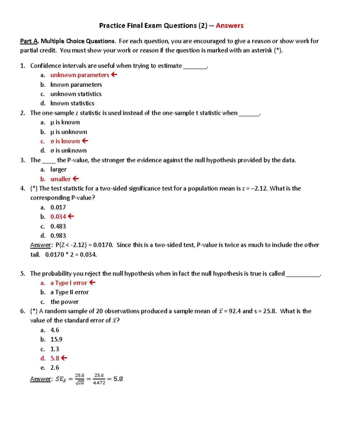 Practice Final Exam Questions - 2 - 2019 Fall - Answer Key - Studocu