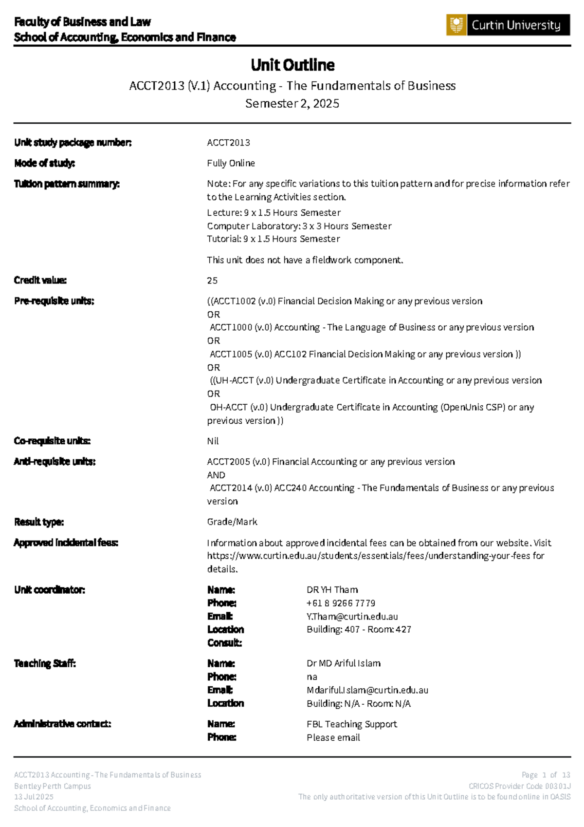 ACCT2013 Unit Outline: Accounting Fundamentals for Semester 2, 2025 ...