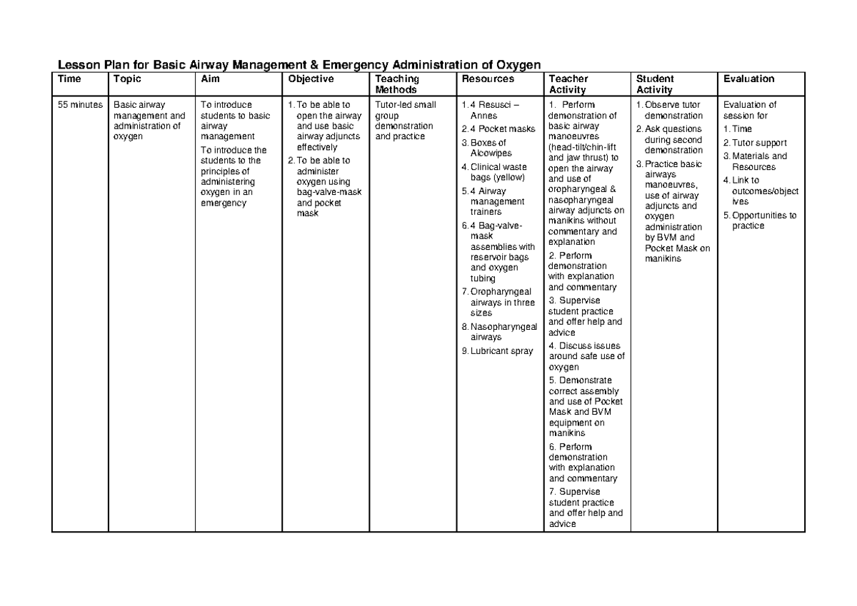 LP Dental Airways and Oxygen - Lesson Plan for Basic Airway Management ...