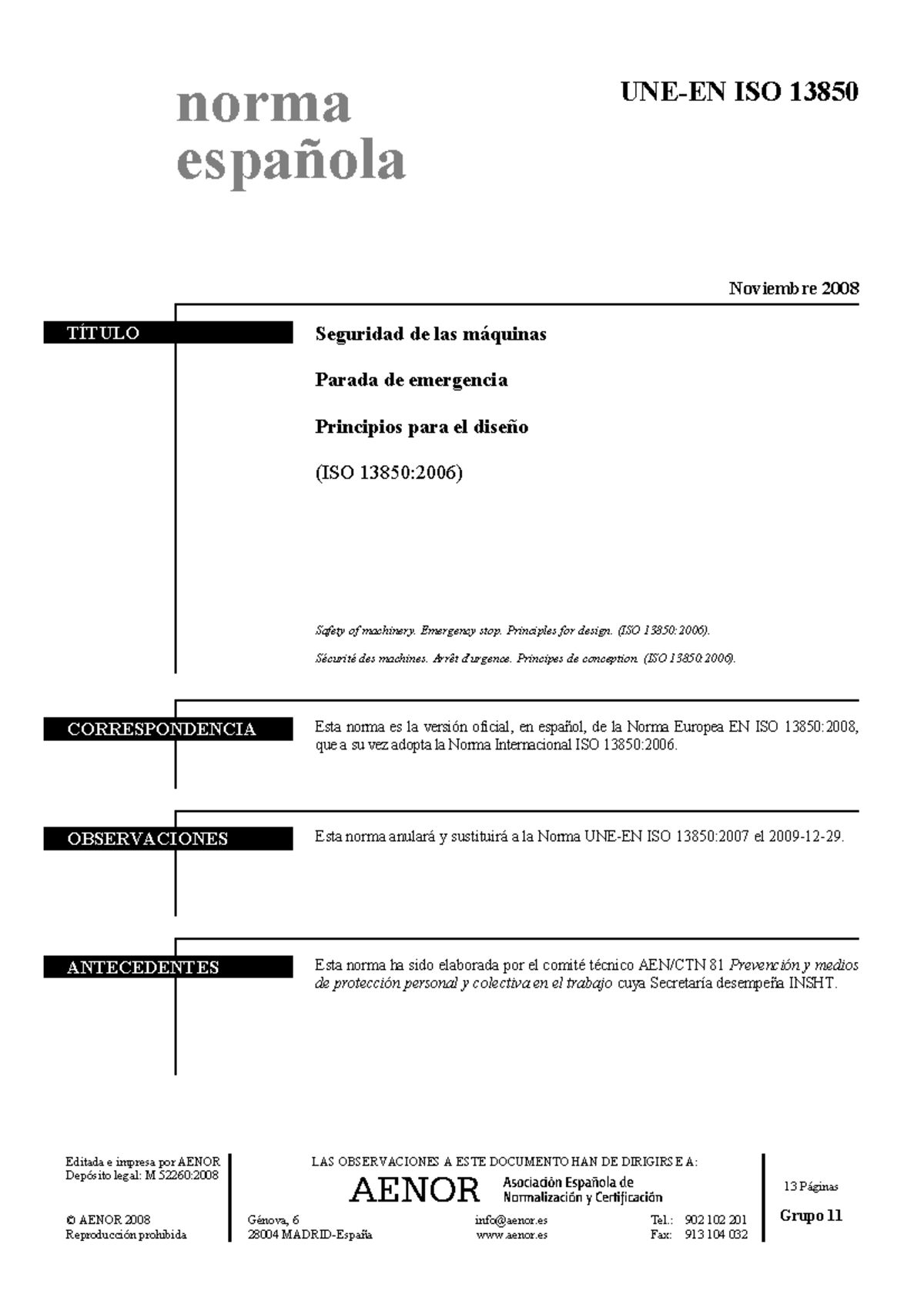 Norma UNE-EN ISO 13850:2008 sobre Parada de Emergencia en Maquinaria ...