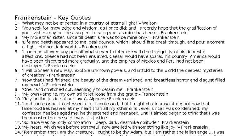 Frankenstein (ENG 101) Key Quotes Analysis and Insights - Studocu