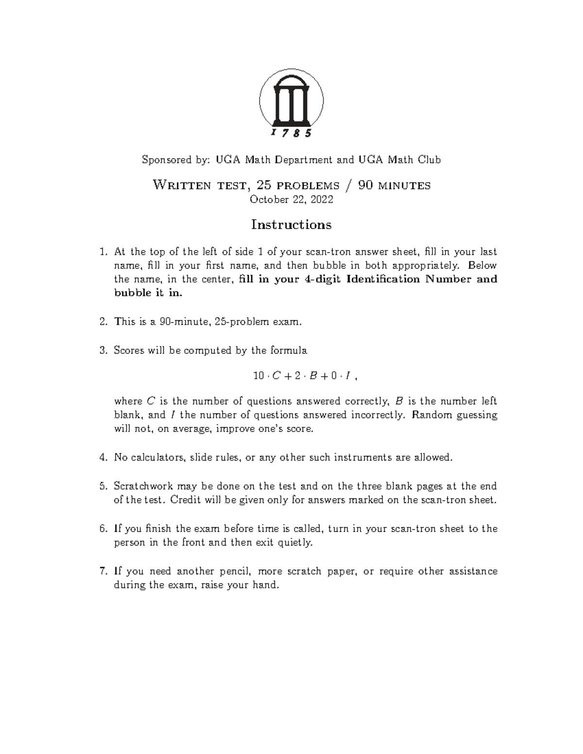 UGA Math Department 2022 Written Test: 25 Problems in 90 Min - Studocu