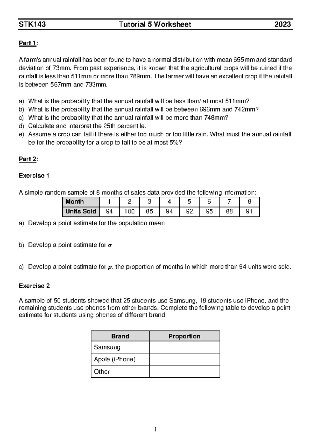 STK143 - Tutorial 5 Worksheet - 2023 - 1 STK14 3 Tutorial 5 Worksheet ...