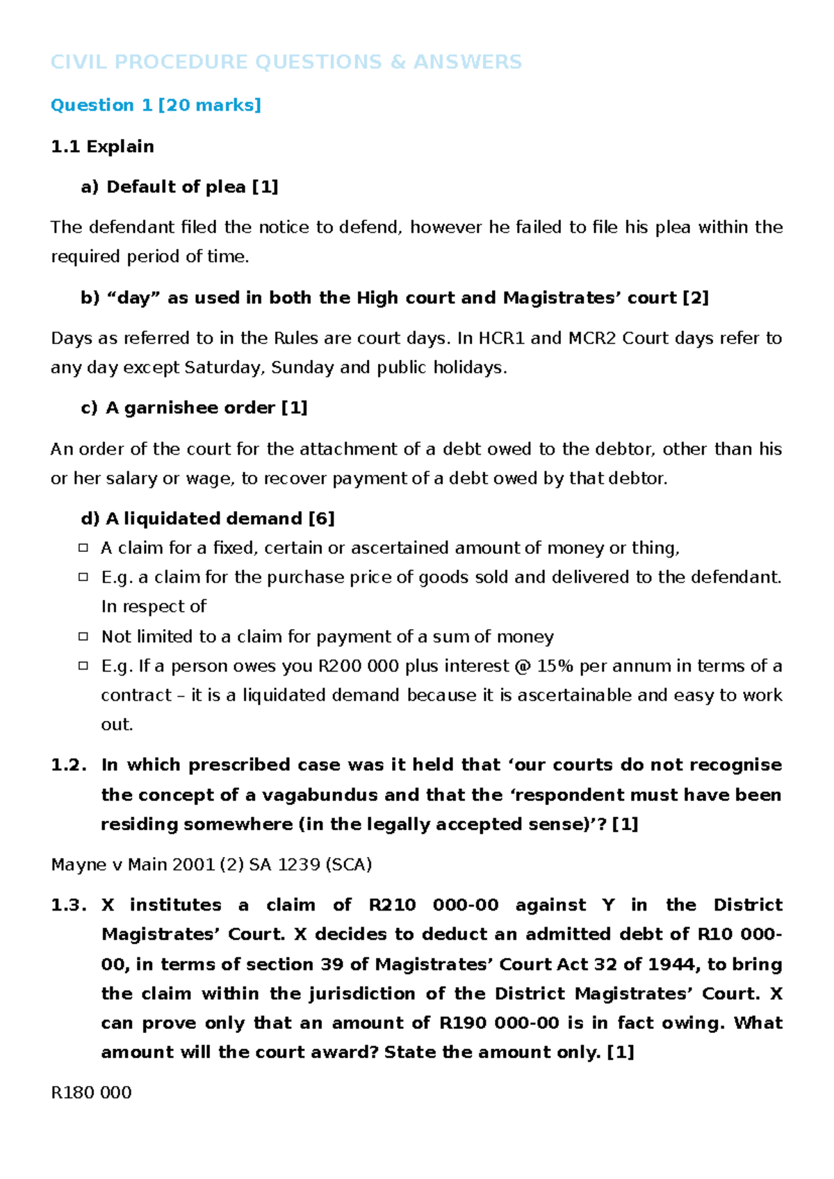 Civil Procedure Questions & Answers - CIVIL PROCEDURE QUESTIONS ...