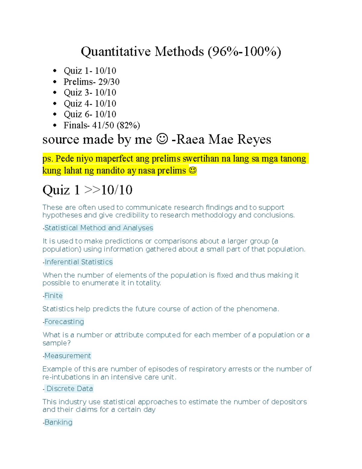 Quiz 1 6 Prelims Finals Quantitative Methods - Quantitative Methods (96%-100%) Quiz 1- 10/ - Studocu