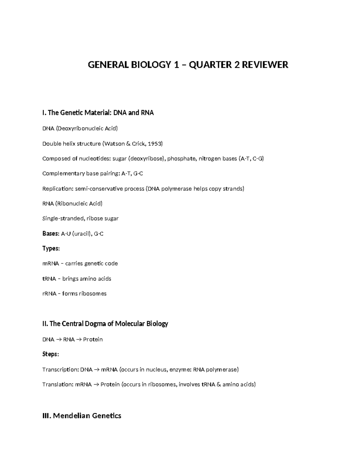 Genbio Reviewer Q2-WPS Office - 📘GENERAL BIOLOGY 1 – QUARTER 2 REVIEWER I. The Genetic Material ...