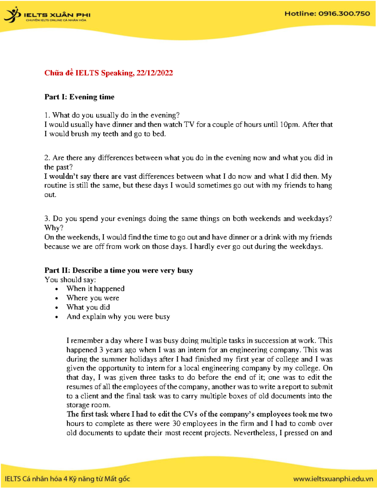 IELTS Speaking Practice Responses - 22/12 Session - Studocu