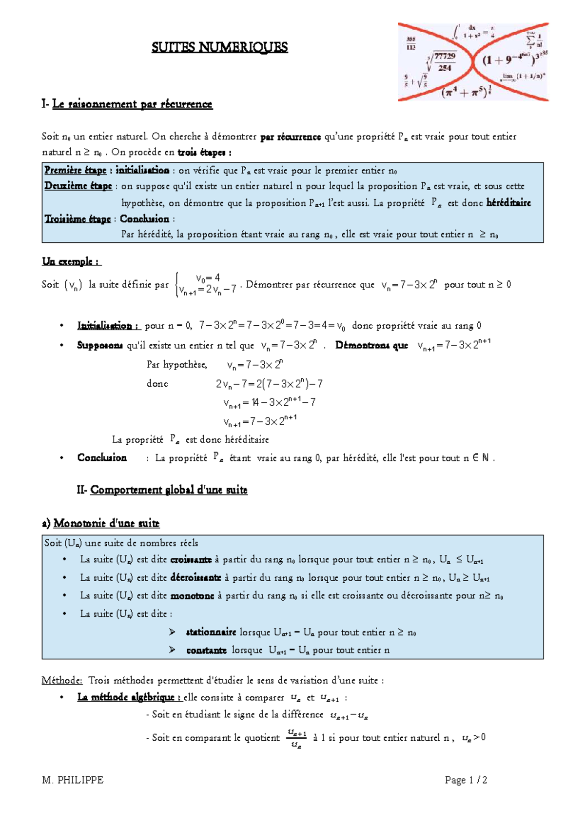 Cours SUITES NUMERIQUES : Raisonnement par Récurrence et Monotonie ...