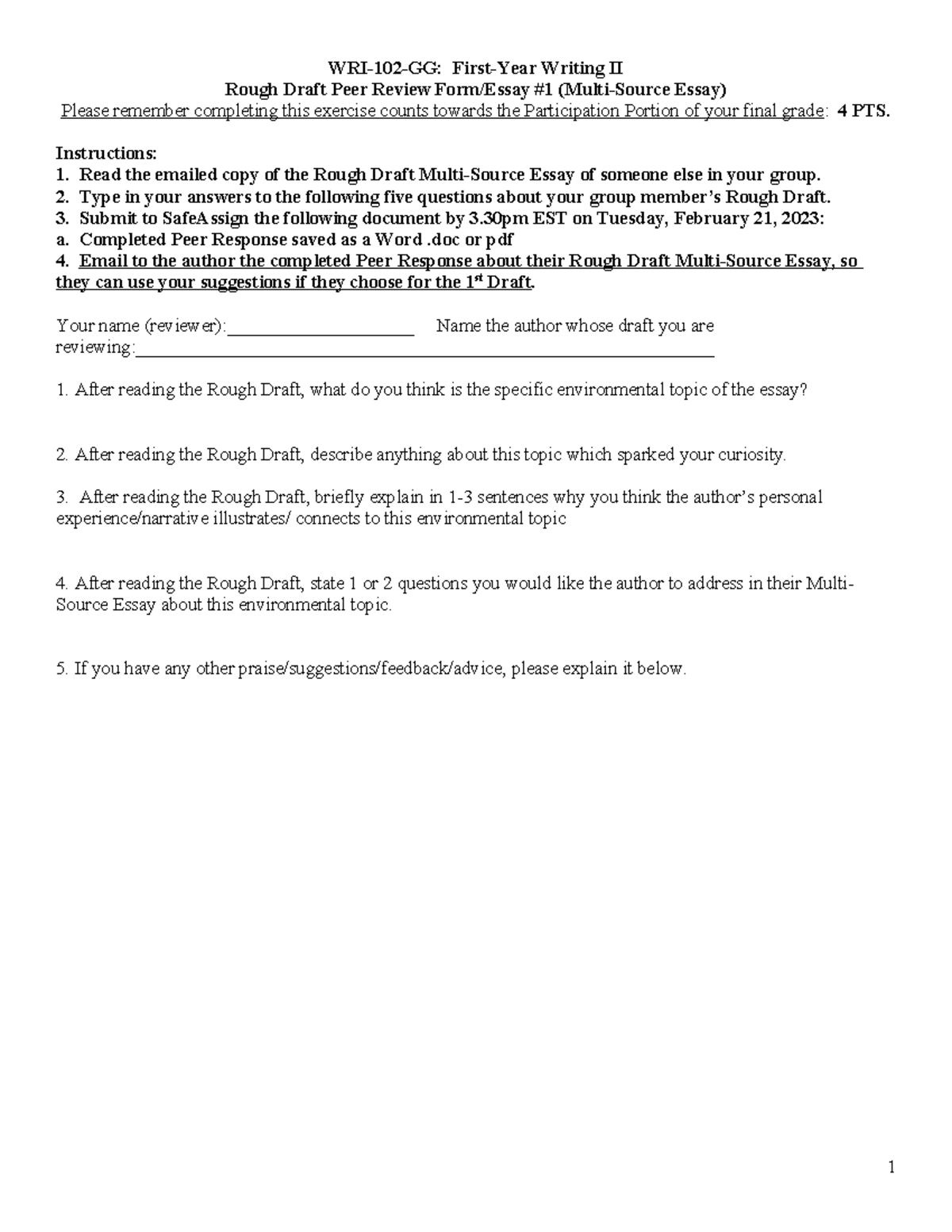 WRI 102 GG Rough Draft Peer Review for Multi-Source Essay Spring 2023 ...
