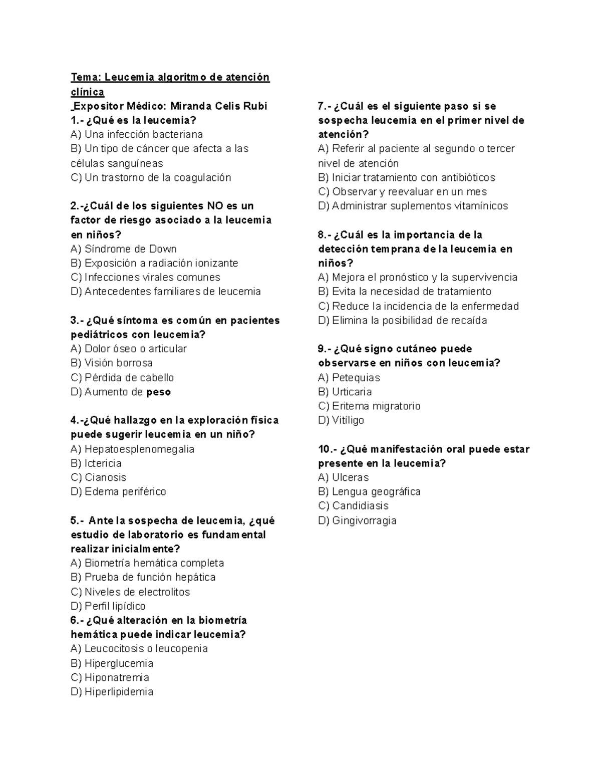 Leucemia: Algoritmo de Atención Clínica y Cuestionario - Rubi Miranda ...