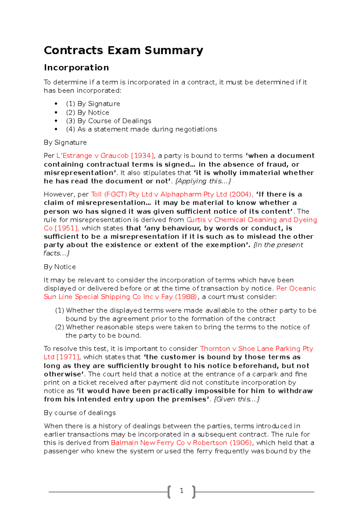 Contracts Exam Summary: Incorporation of Terms and Key Principles - Studocu