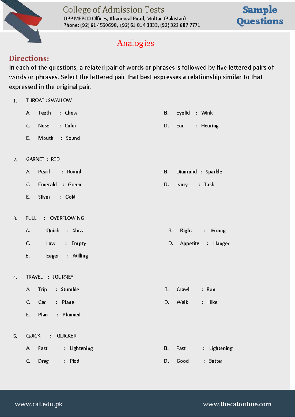 Analogies Sample Questions - XCZC - Studocu